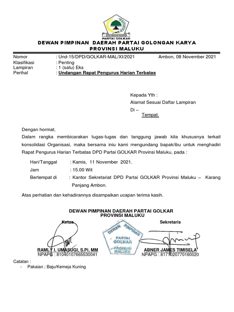 Undangan Rapat Harian Terbatas Partai Golkar | PDF
