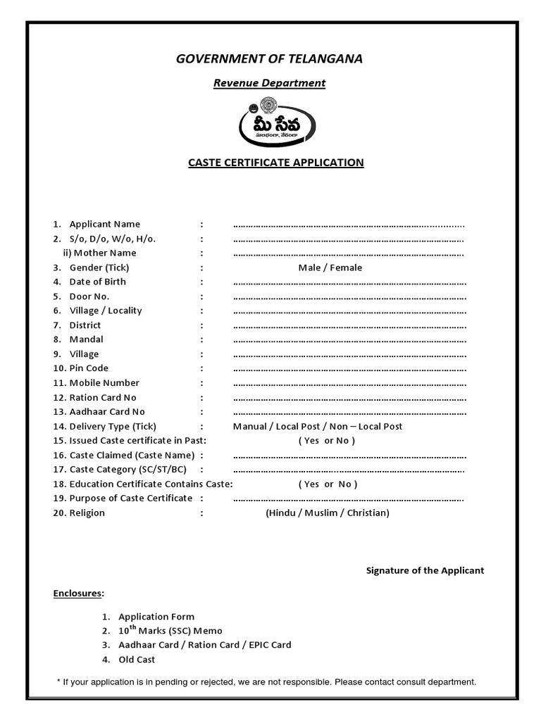 Government of Telangana: Caste Certificate Application | PDF