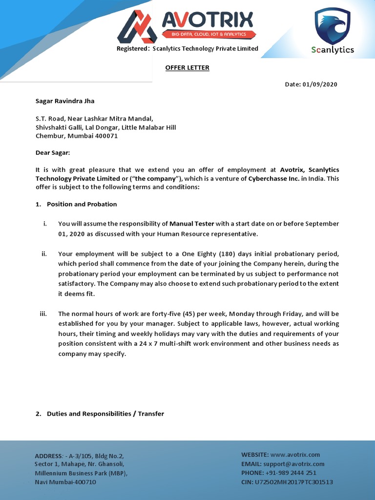 Offer Letter - Sagar Ravindra Jha | PDF | Employment | Confidentiality