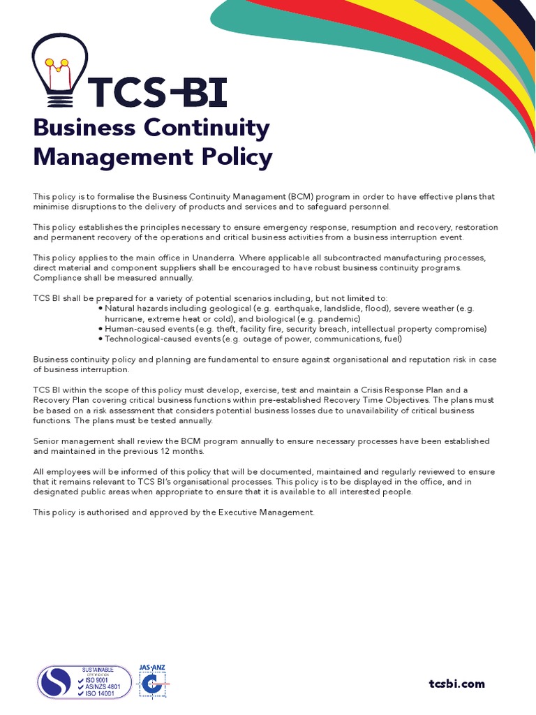 Business Continuity Management Policy TCS BI | PDF