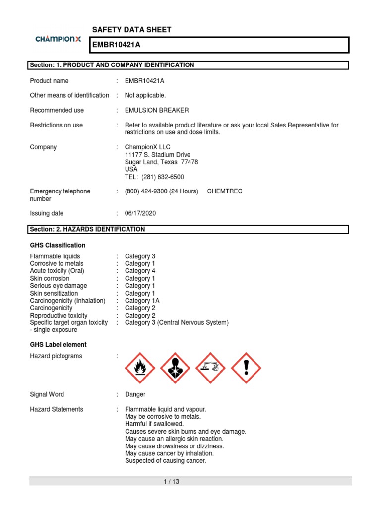 Safety Data Sheet EMBR10421A: Section: 1. Product and Company Identification | PDF | Dangerous ...