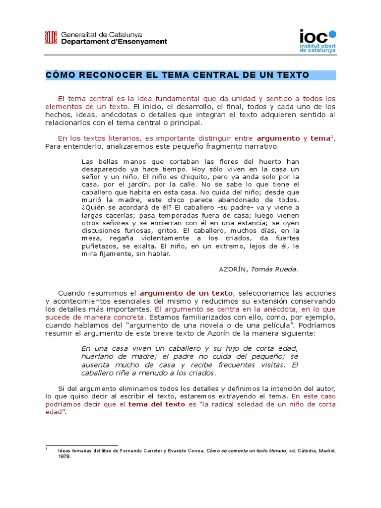 Identificación del Tema Central en Textos | PDF | Artes del Lenguaje y ...