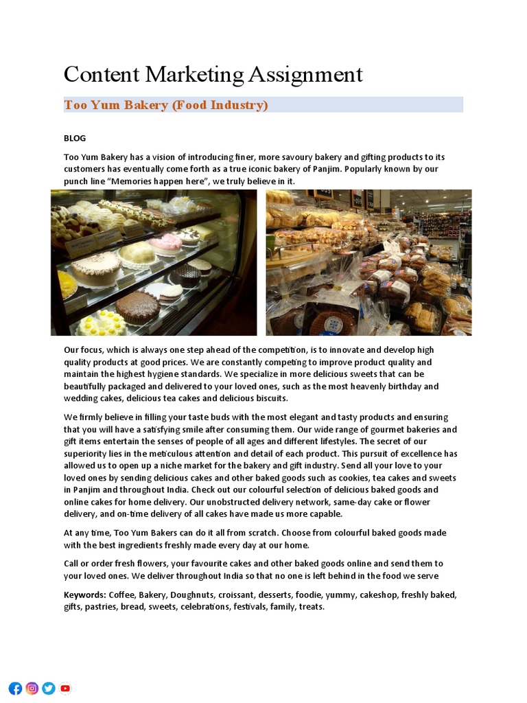 Content Marketing Assignment: Too Yum Bakery (Food Industry) | PDF ...