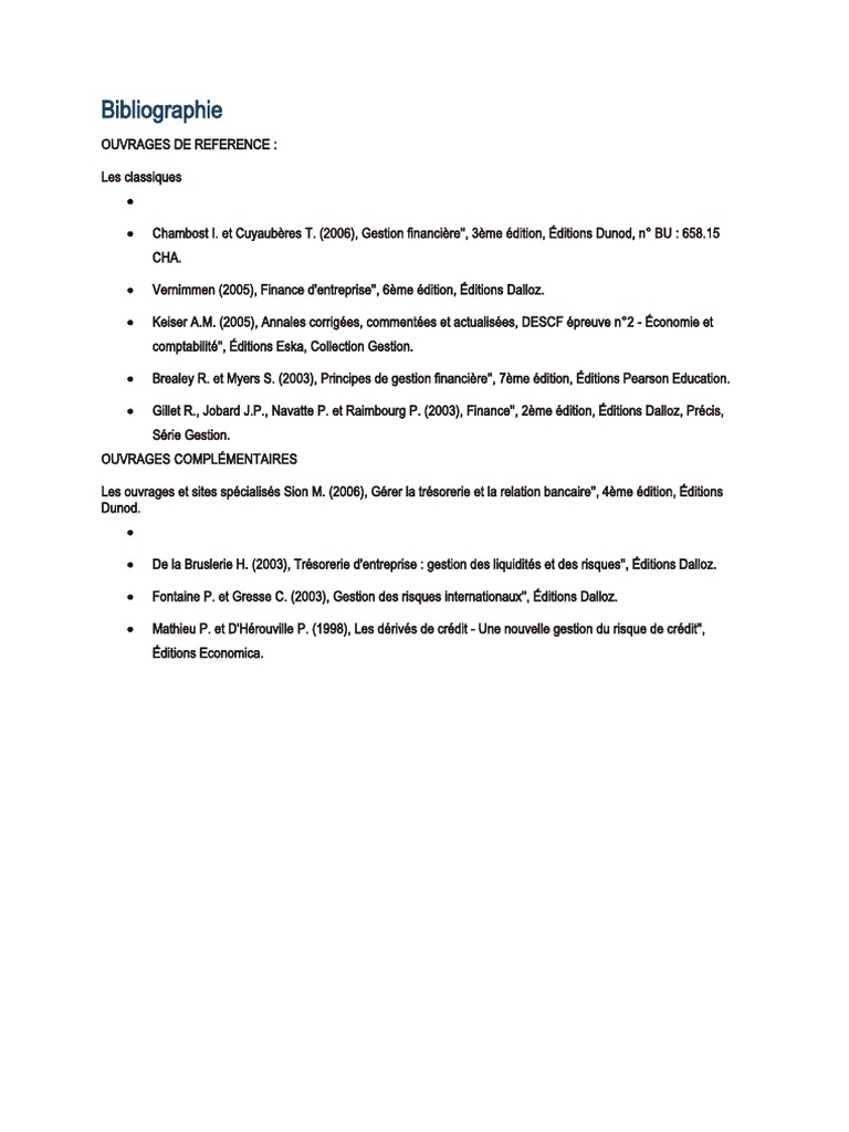 Bibliographie Cours Gestion de Tresorerie | PDF | Finance et gestion monétaire | Voyages