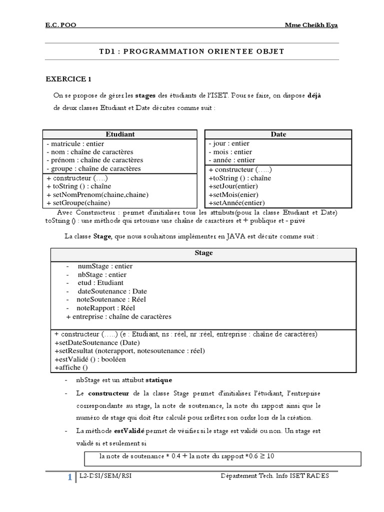Td1: Programmation Orientee Objet: E.C. Poo Mme Cheikh Eya | PDF | Programmation | Constructeur ...