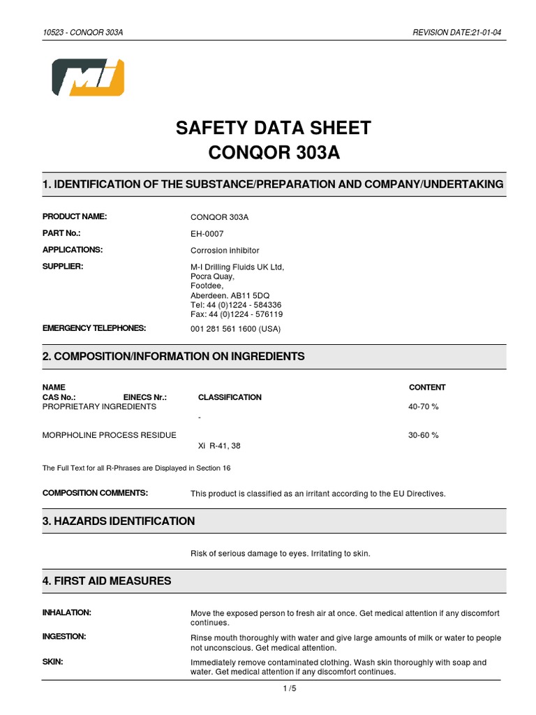 Safety Data Sheet for CONQOR 303A Corrosion Inhibitor: Product ...