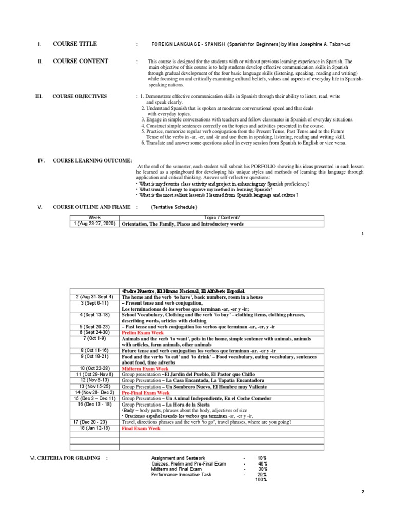 Update Rev FL Spanish Course Outline 1st Sem SY 2021 2022 | PDF ...
