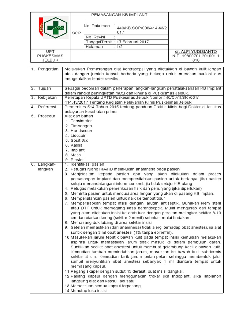 Sop Pemasangan KB Implant | PDF