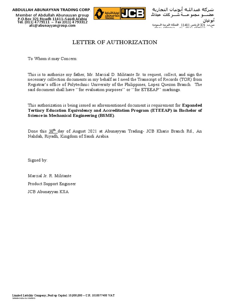 Letter of Authorization for Father to Request Transcript of Records on ...