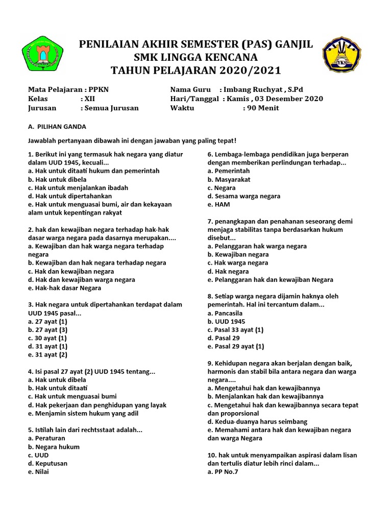 Soal PAS PPKN XII SMK 2020/2021 | PDF | Politik | Ilmu Sosial