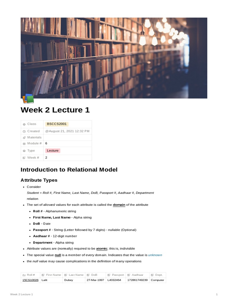 Week 2 Lecture 1: Introduction To Relational Model | PDF | Relational ...