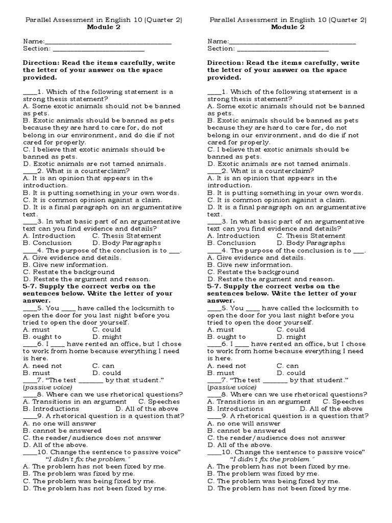 Parallel Assessment in English 10 Quarter 2 Module 2 | PDF | Question ...