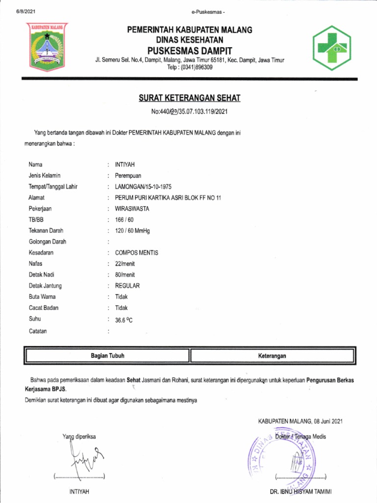 Surat Sehat Intiyah | PDF