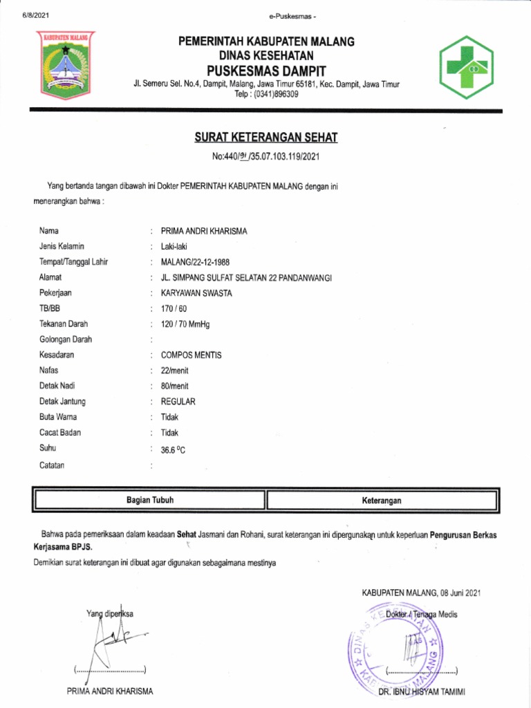 Surat Sehat Prima | PDF