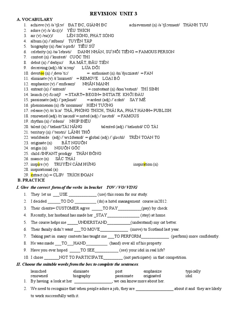 Revision Unit 3: A. Vocabulary | PDF