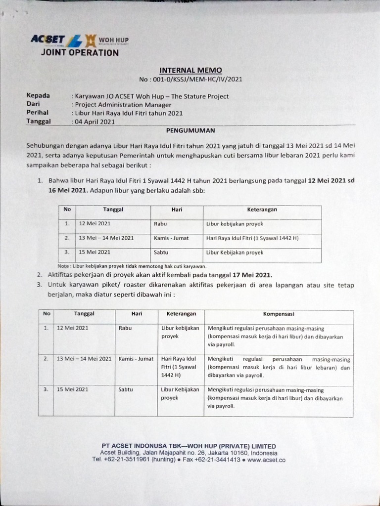 Internal Memo Libur Hari Raya Idul Fitri Tahun 2021 | PDF