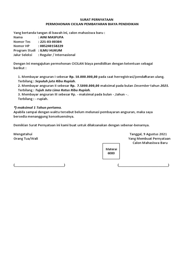 Surat Pernyataan Cicilan Pembayaran | PDF