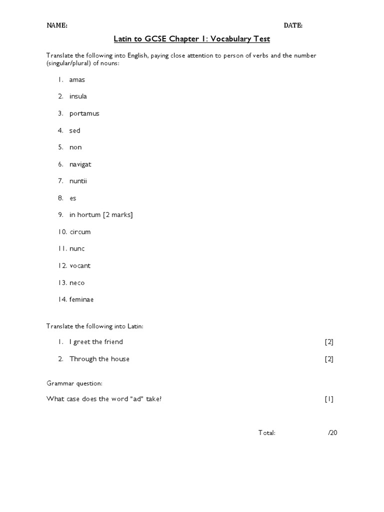 Latin To GCSE Chapter 1: Vocabulary Test | Download Free PDF ...