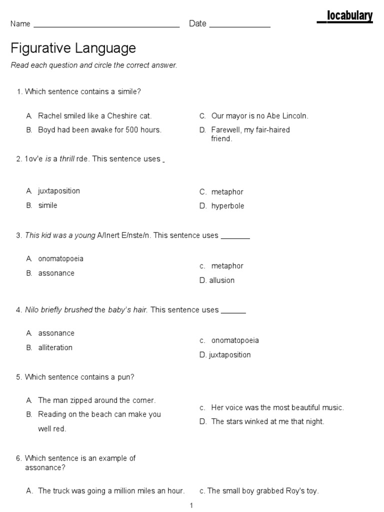 Figurative Language: Read Each Question and Circle The Correct Answer ...