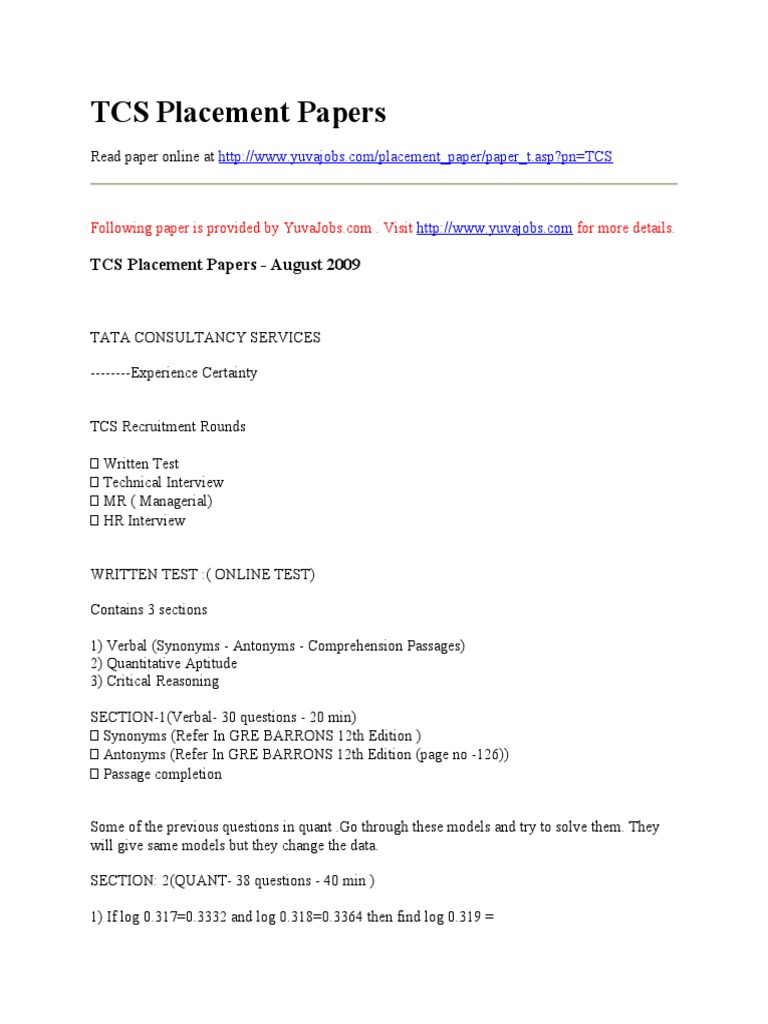 (WWW - Entrance-Exam - Net) - Click Here For TCS Placement Papers | PDF ...