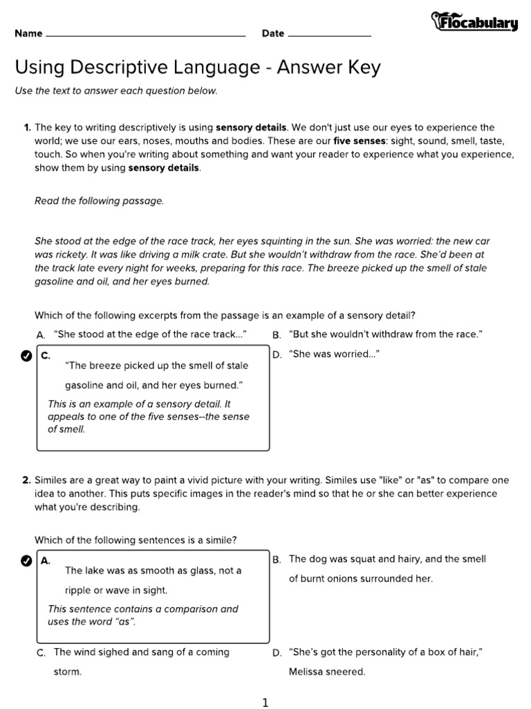 Using Descriptive Language v1 Read and Respond Answers | PDF