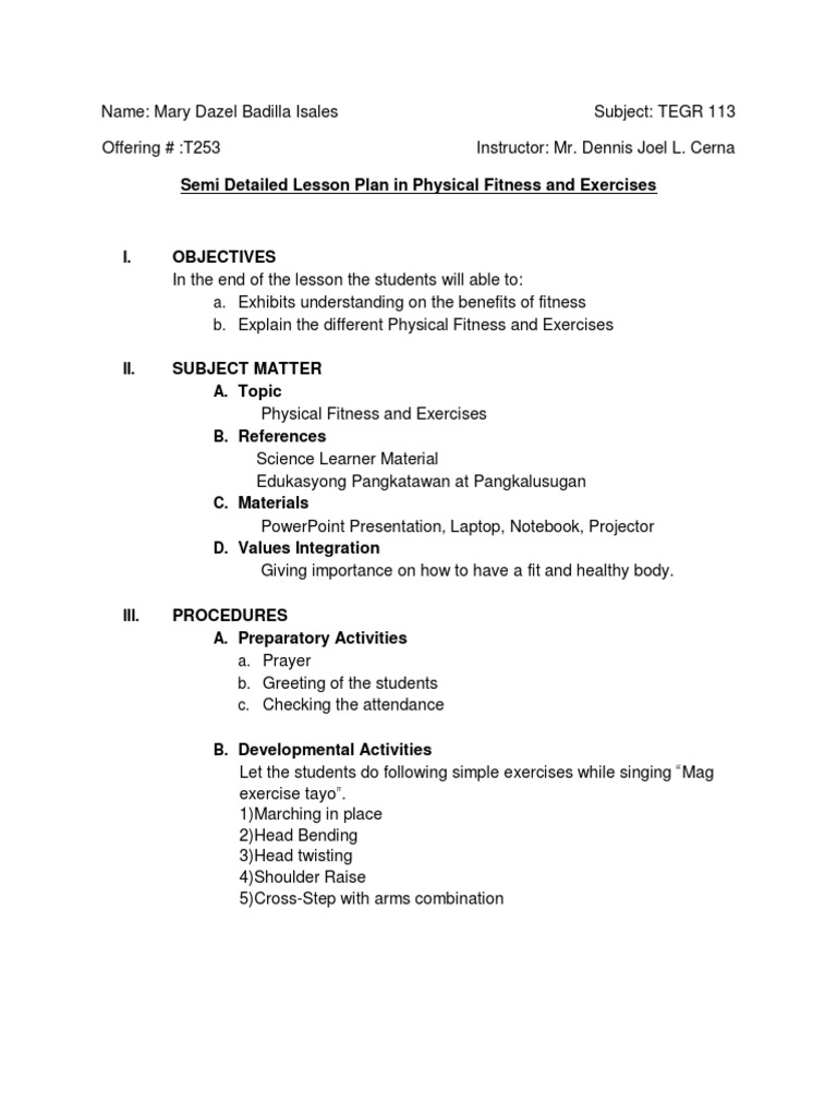Semi Detailed Fitness Lesson Plan | PDF | Physical Fitness | Cognition