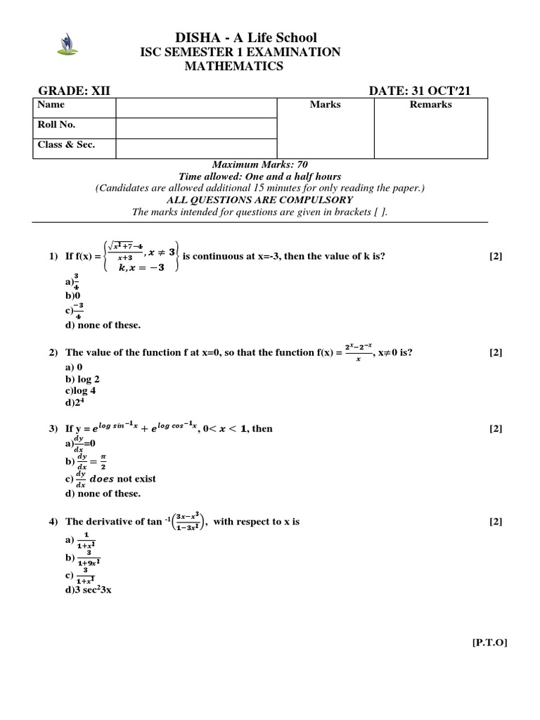 Grade 12 First Revision Mathematics QP Oct-31 | PDF | Maxima And Minima ...