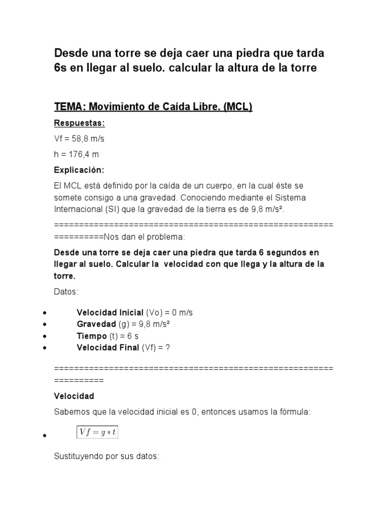 Caída libre: altura y velocidad en 6s | PDF | Métodos y materiales de ...