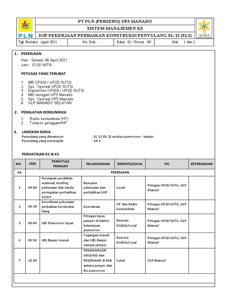 Sop Perbaikan Konstruksi Tiang SL12 - 6 April 2021 | PDF