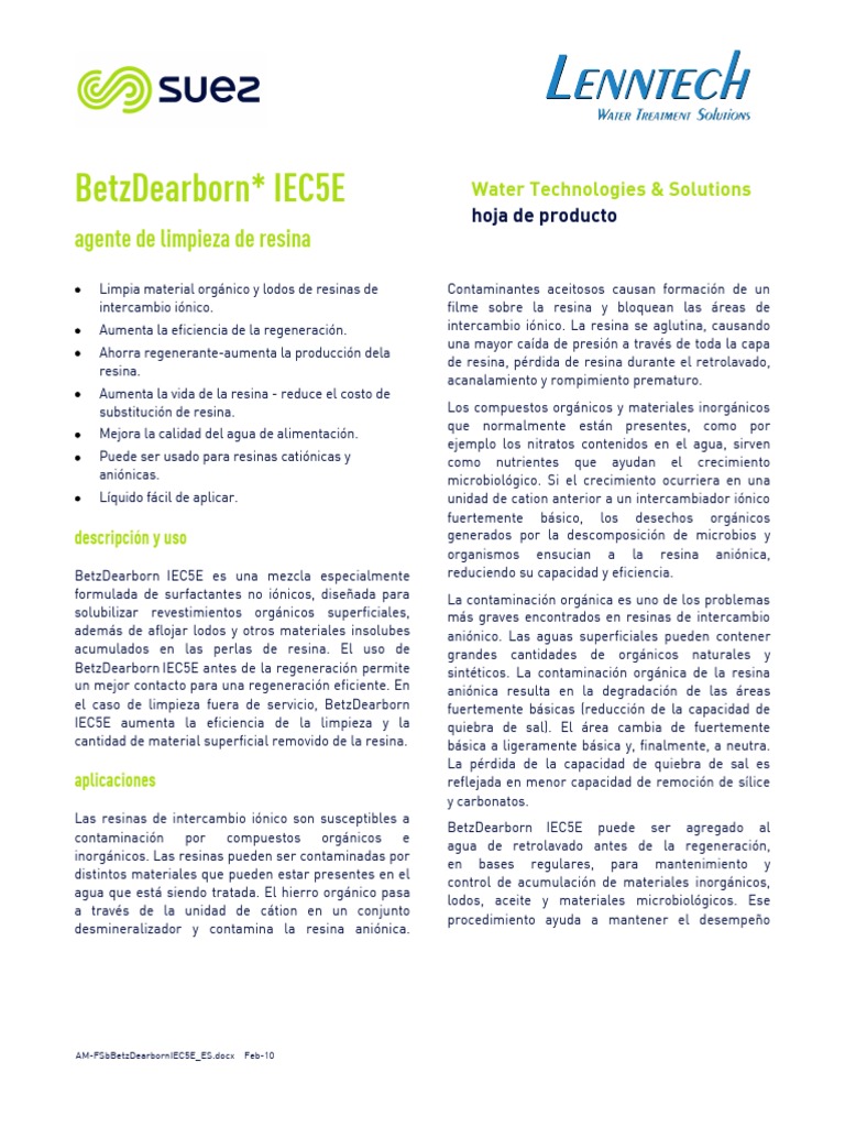 SUEZ-BetzDearborn-IEC5E-Agente de Limpieza de Resina | PDF | Agua ...