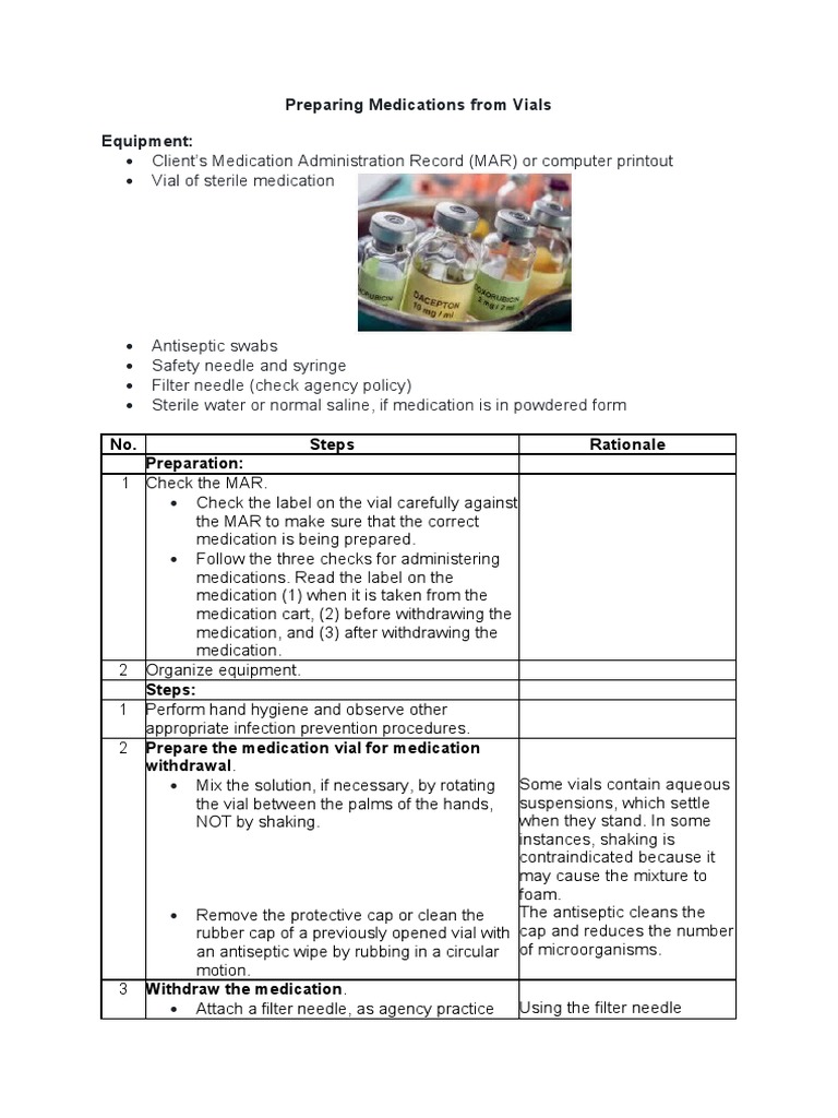Vial Medication Preparation Steps | PDF | Syringe | Injection (Medicine)