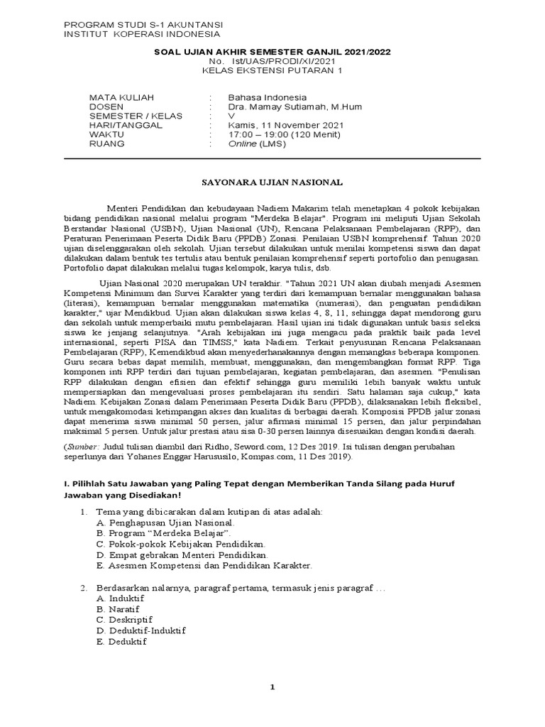 Soal UAS Bahasa Indonesia - Mamay Sutiamah, M.hum | PDF | Karier & Perkembangan