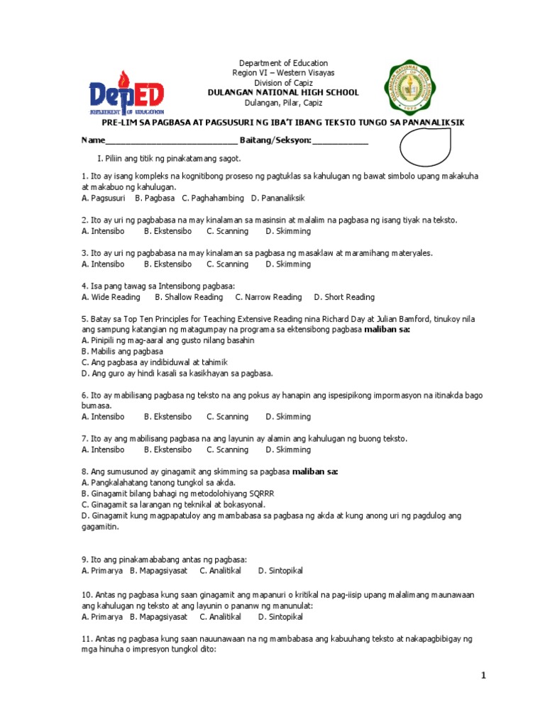 FILIPINO 3rd Quarter Test | PDF