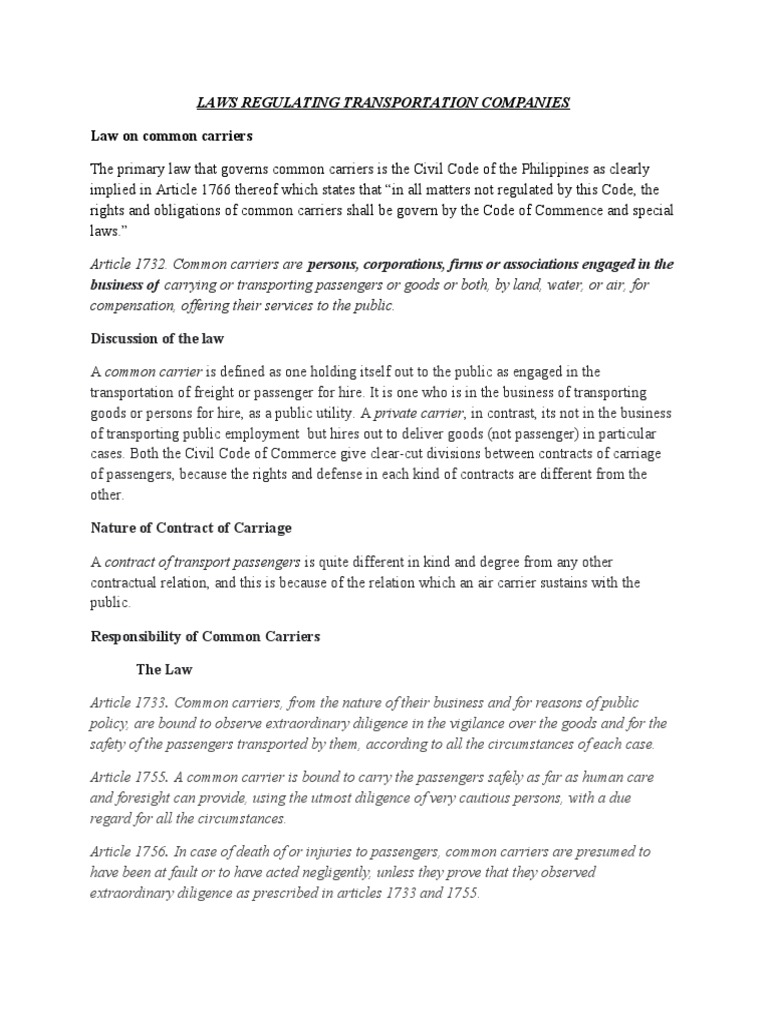 Law On Common Carriers: Laws Regulating Transportation Companies | PDF ...