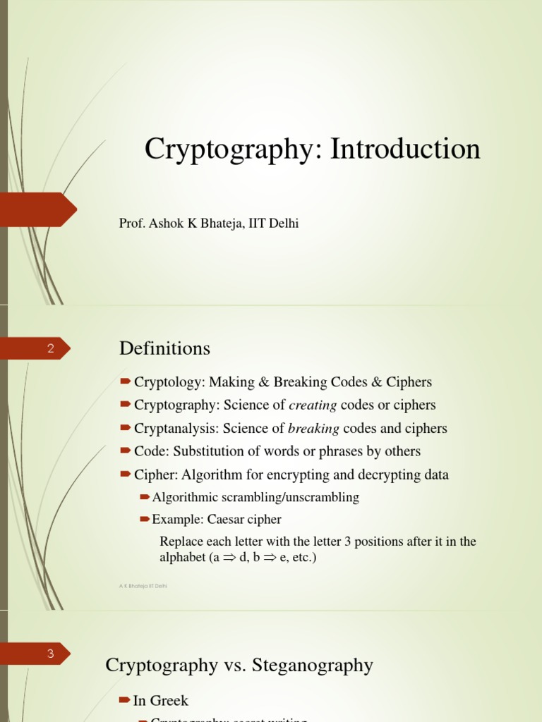 Cryptography: Introduction: Prof. Ashok K Bhateja, IIT Delhi | PDF | Security | Computer Security