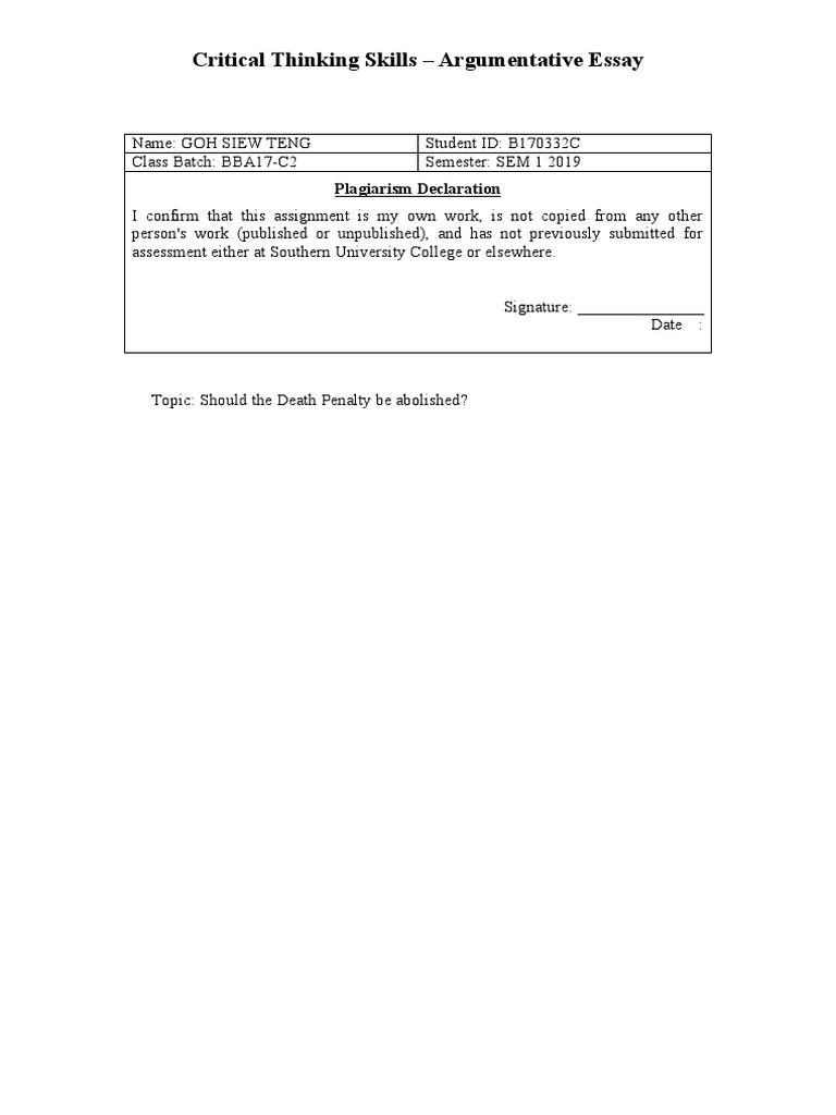 Argumentative Essay | PDF | Capital Punishment | Crime & Violence