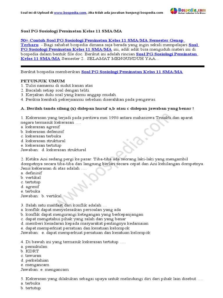 50+ Contoh Soal PG Sosiologi Peminatan Kelas 11 SMA MA Semester Genap Terbaru | PDF