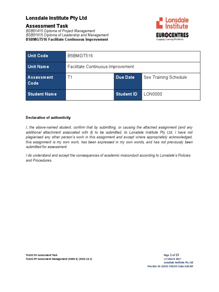 Lonsdale Institute Pty LTD Assessment Task: Unit Code Unit Name ...