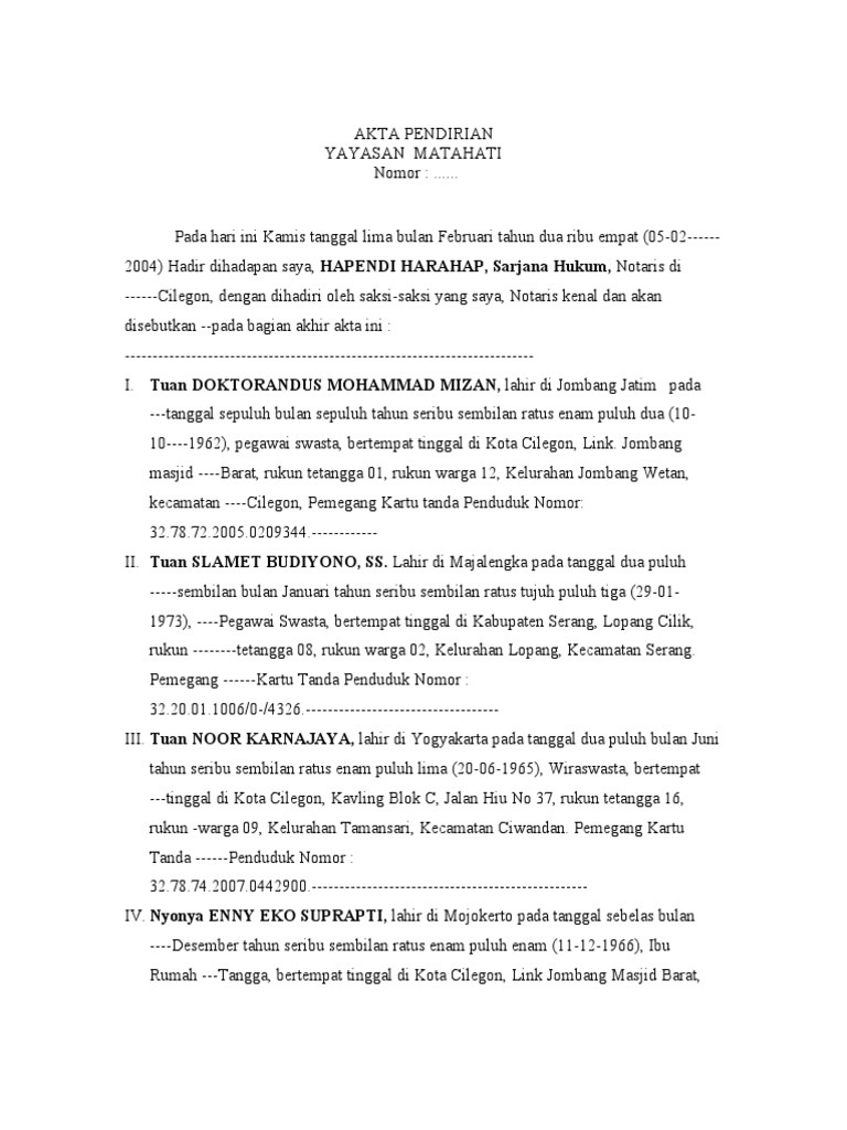 Akta Pendirian Yayasan Matahati | PDF