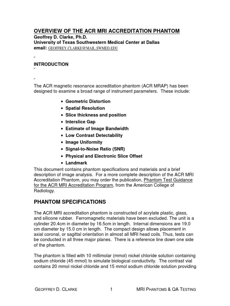 ACR MRI Accreditation Phantom Overview | PDF | Magnetic Resonance ...