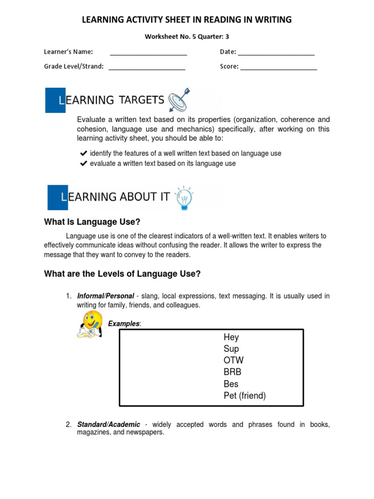Learning Activity Sheet in Reading in Writing: What Is Language Use ...