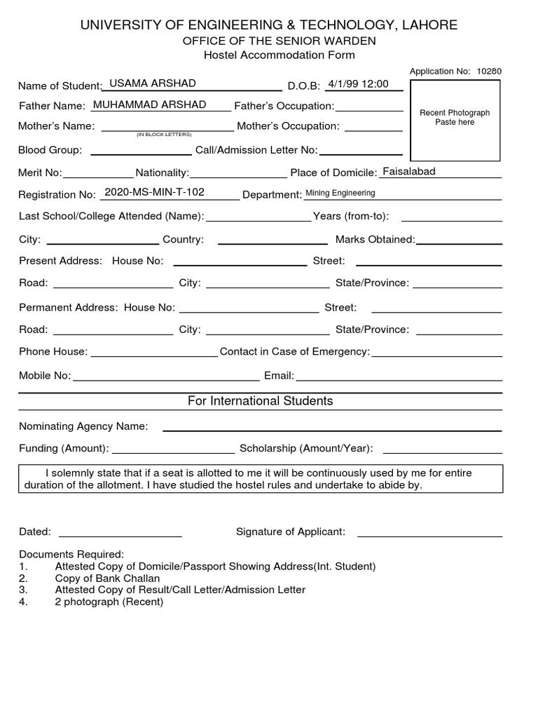 Hostel Admission Form | PDF