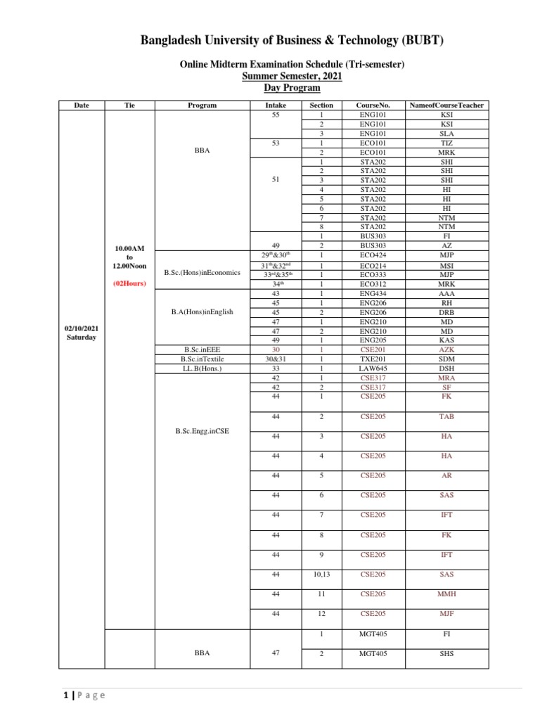 Semester Midterm Exam. Schedule Summer 2021 - 0 Chairmen Tri Semester | PDF