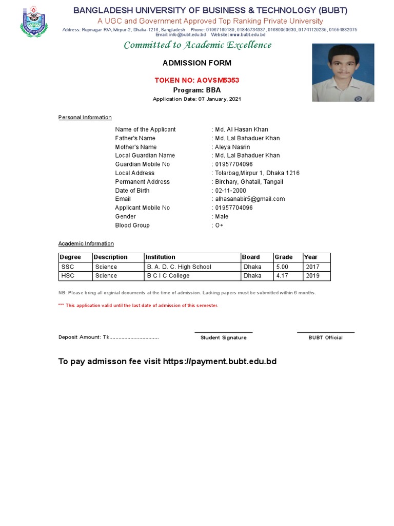 Online Admission Form - BUBT | PDF