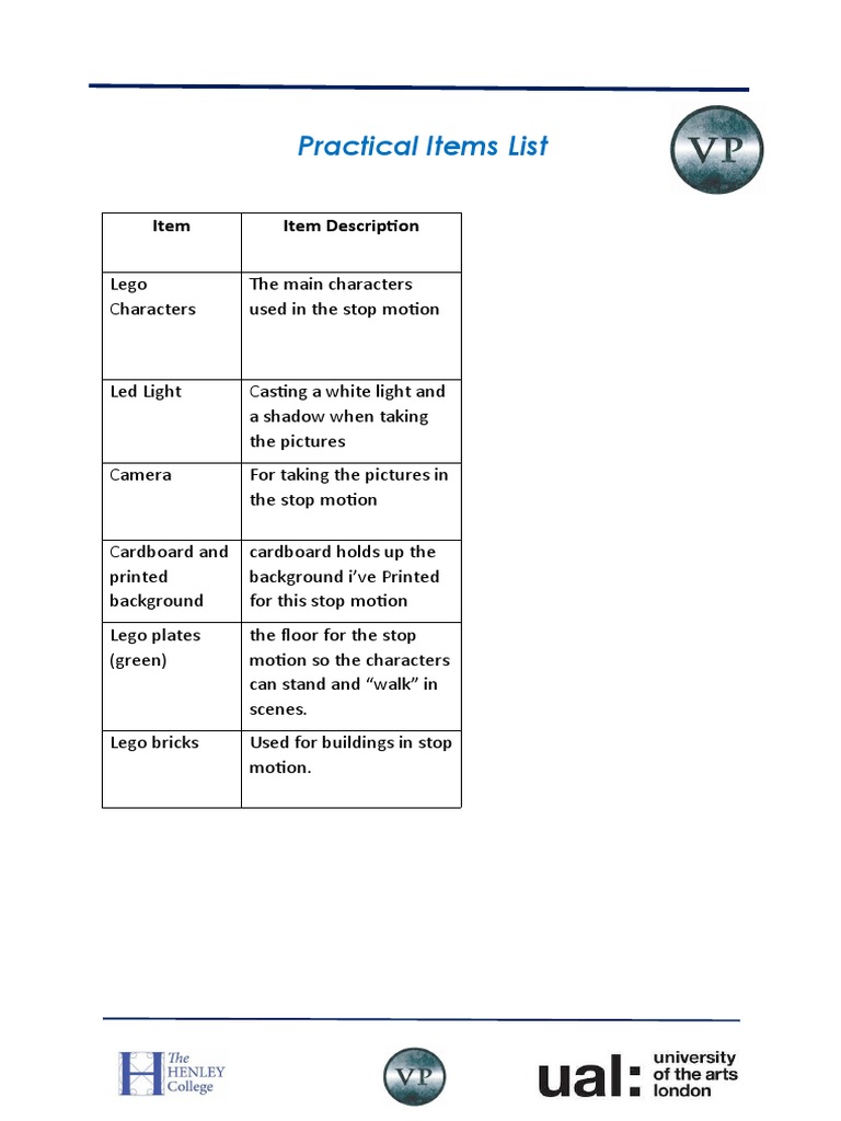 Stop Motion Practical Items List | PDF