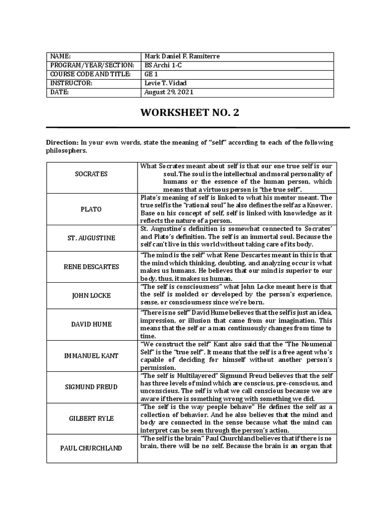 Worksheet No. 2-Lesson 1 | PDF | Philosophy Of Self | Mind