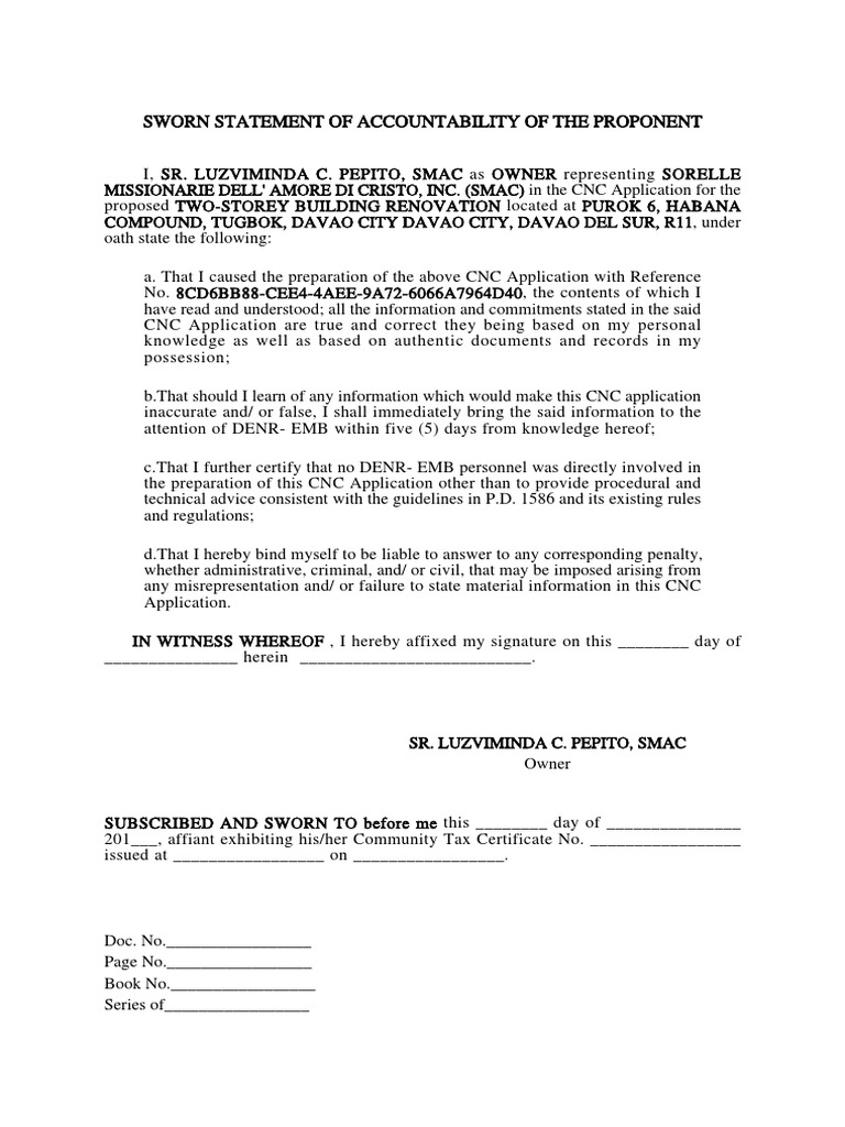 Sworn Statement of Accountability of The Proponent | PDF
