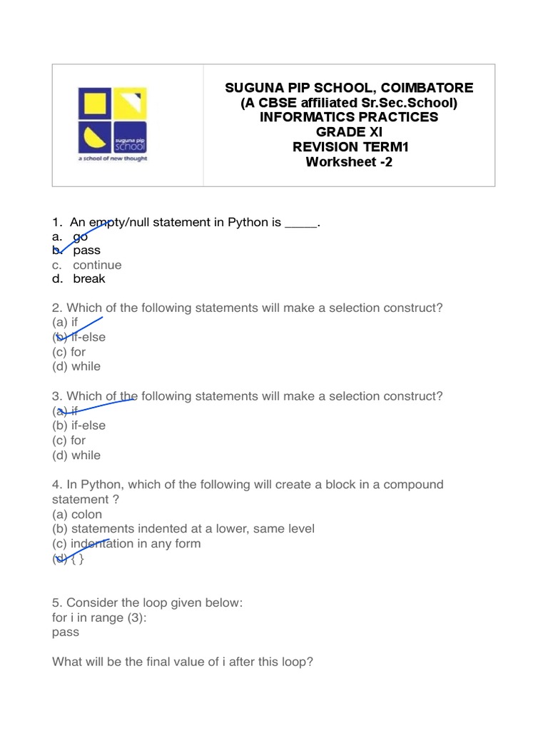 Suguna Pip School, Coimbatore (A CBSE Affiliated SR - Sec.School) Informatics Practices Grade Xi ...
