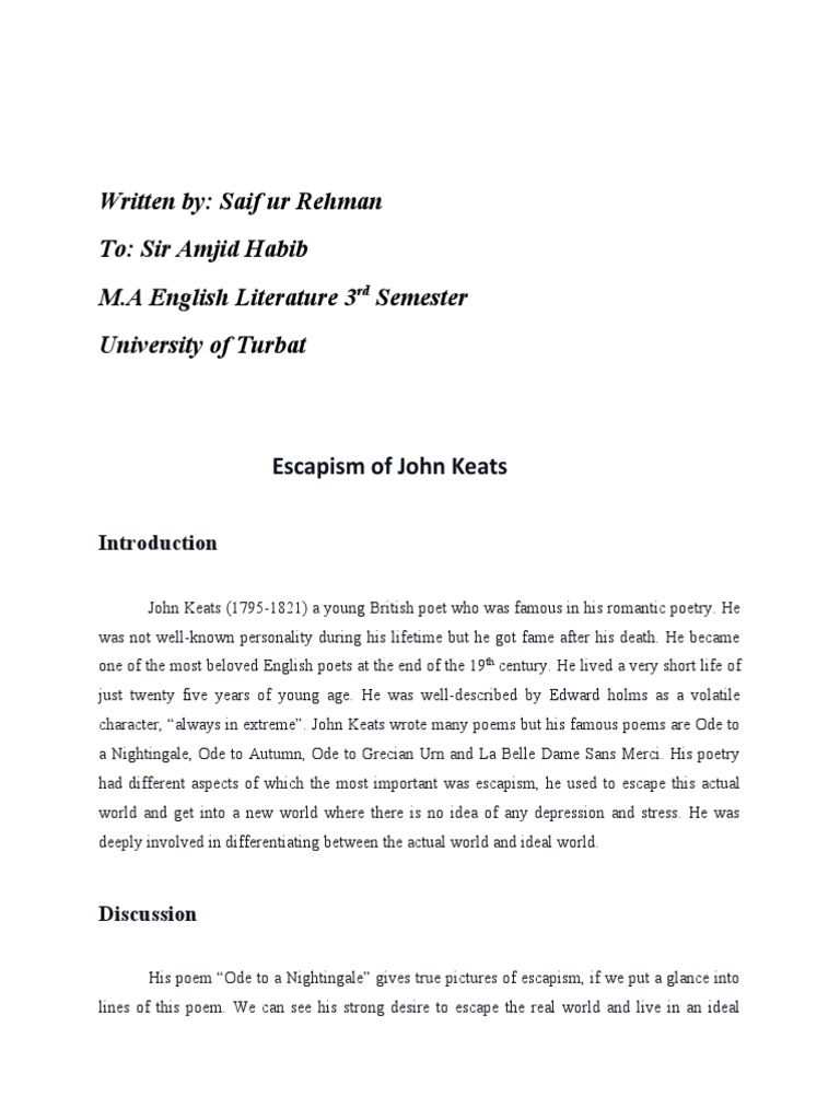 John Keats' Poetry and Escapism | PDF | John Keats | Romanticism