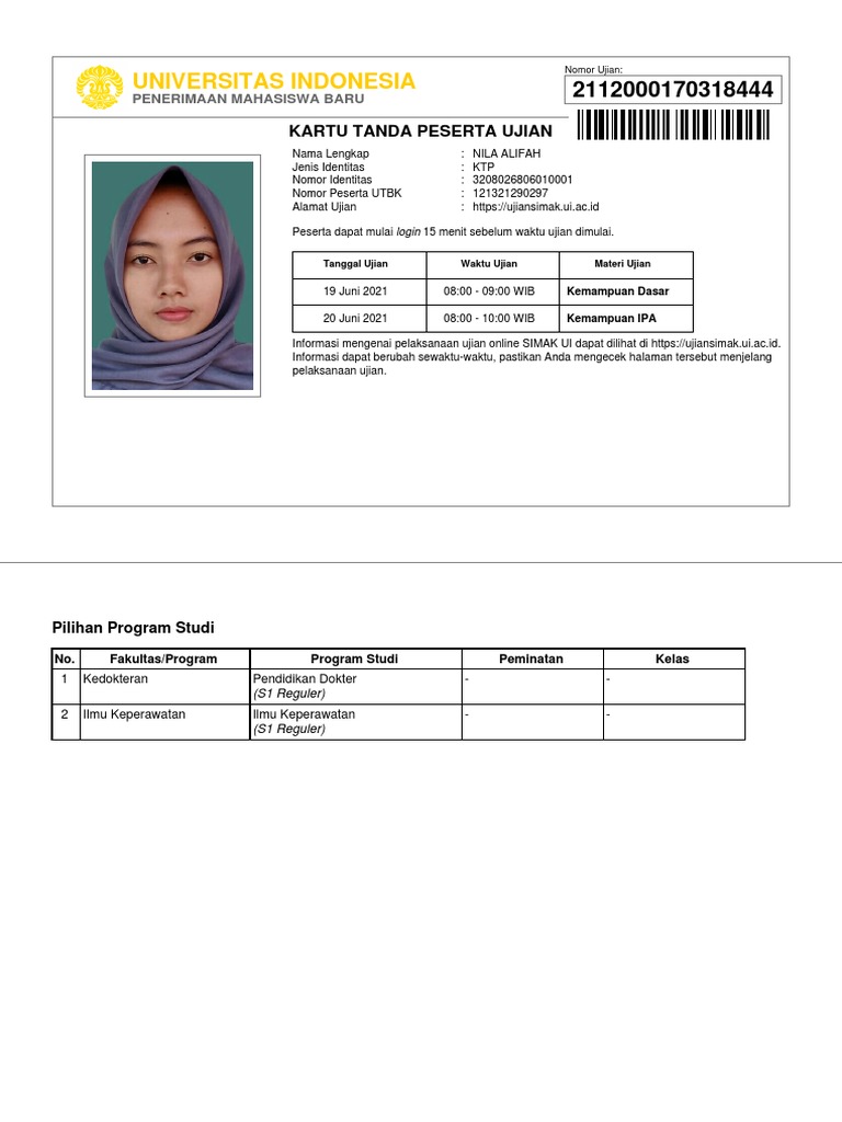 Kartu Ujian Simak Ui | PDF Kartu Ujian Simak Ui | PDF
